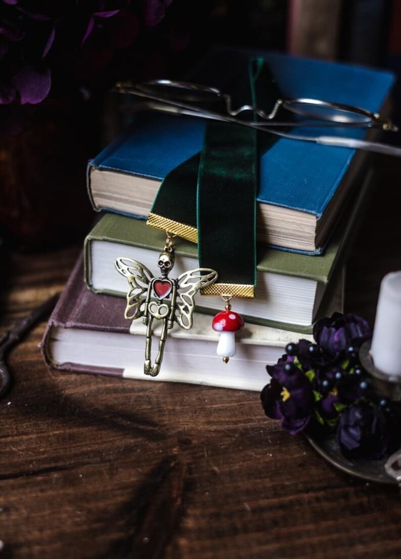 Whimsigoth Bookmark: Dark Green Velvet Ribbon, Skeleton & Mushroom ...
