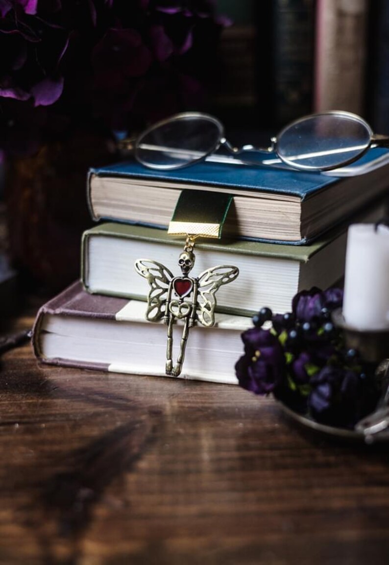 Whimsigoth Bookmark: Dark Green Velvet Ribbon, Skeleton & Mushroom ...