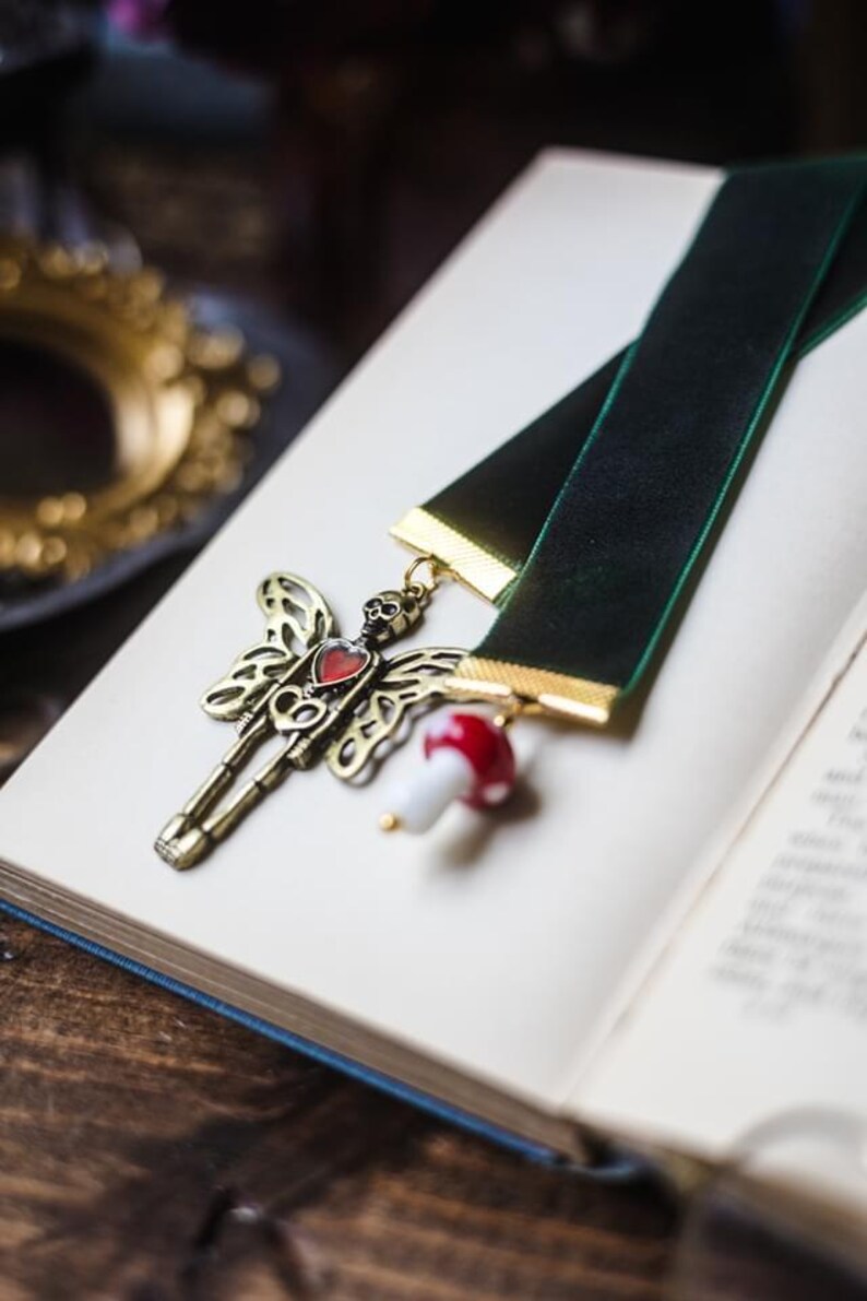 Whimsigoth Bookmark: Dark Green Velvet Ribbon, Skeleton & Mushroom ...