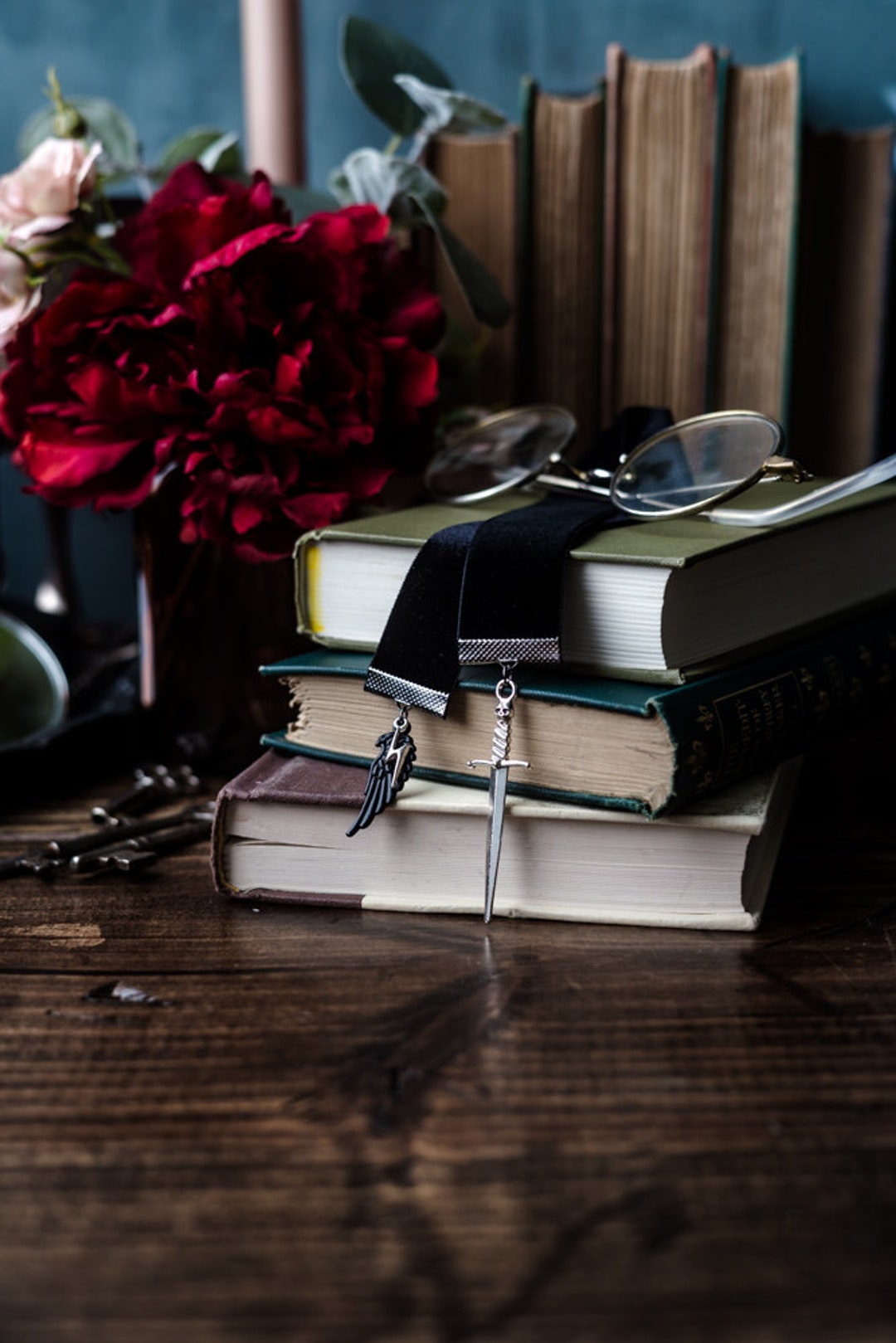 Hunt Alathar Inspired Black Velvet Ribbon Bookmark: Wing & Sword Charms ...