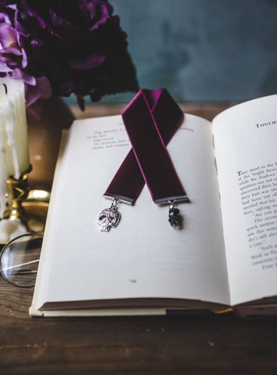Skull Bookmark: Burgundy Velvet Ribbon, Gothic Reader Gift - Etsy