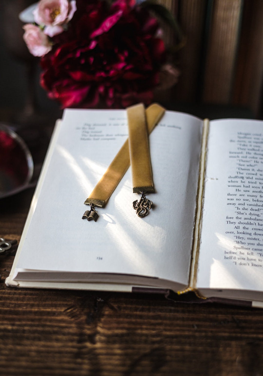 Book Dragon, Antique Gold Velvet Ribbon Bookmark, Charmed Bookmark ...