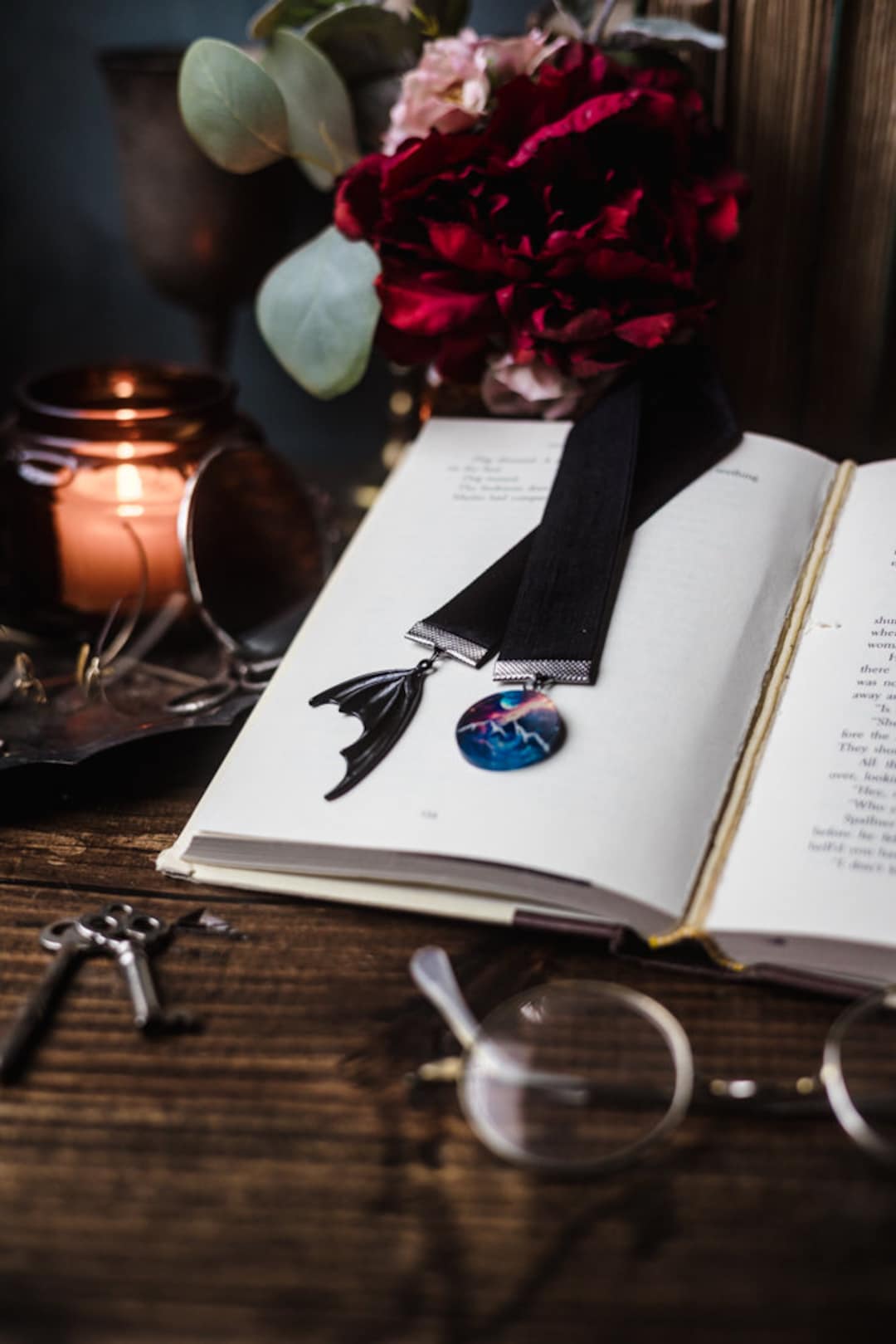 Velaris Bookmark: Black Velvet Ribbon With Bat Wing Charm and Acrylic ...