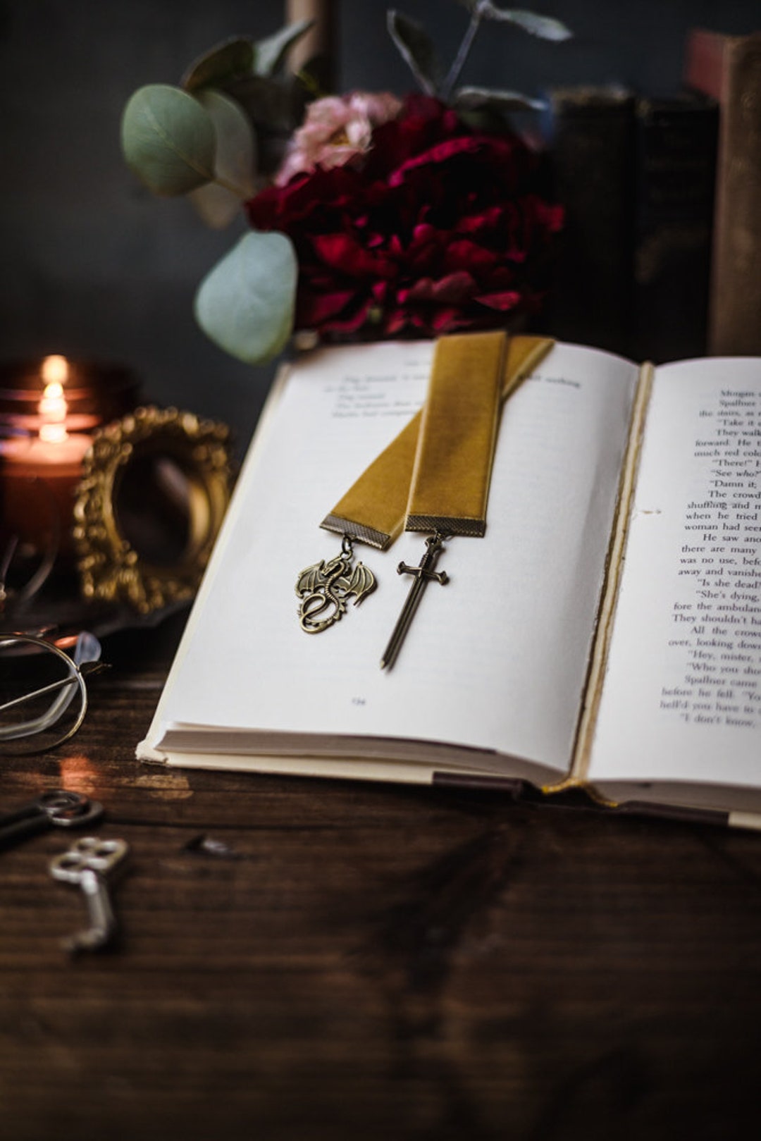 Dragon, Antique Gold Velvet Ribbon Bookmark, Charmed Bookmark, Book ...