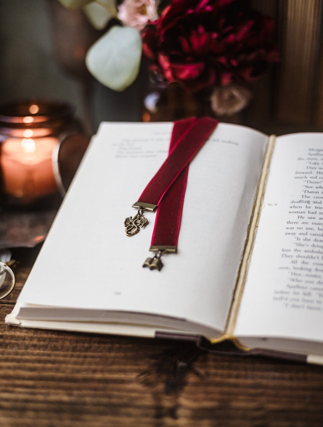Book Dragon, Dark Red Velvet Ribbon Bookmark, Charmed Bookmark, Book ...