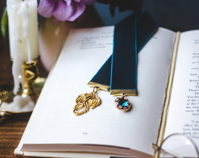 Dragon Bookmark, Dark Teal Velvet Ribbon Bookmark, Bookmark, Charmed ...