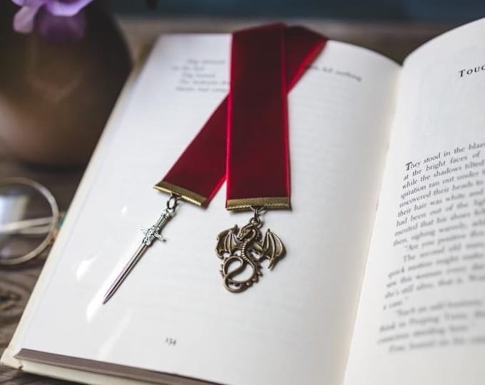 Manon Dark Red Velvet Ribbon Bookmark: Dragon and Sword Charms - Etsy