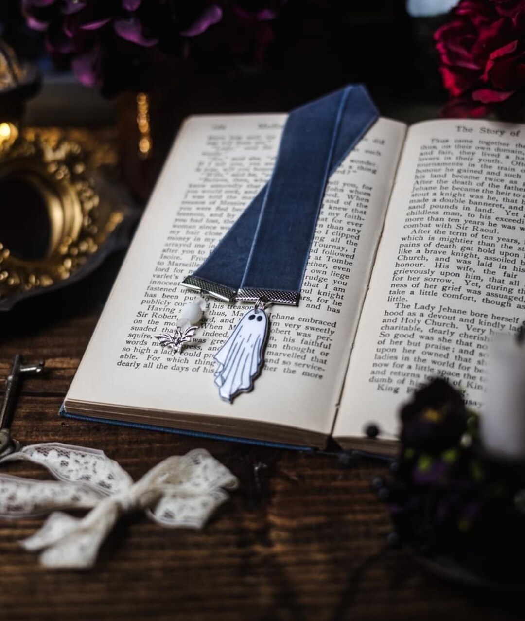 Ghost Bookmark, Blue Grey Velvet Ribbon Bookmark, Halloween Bookmark ...
