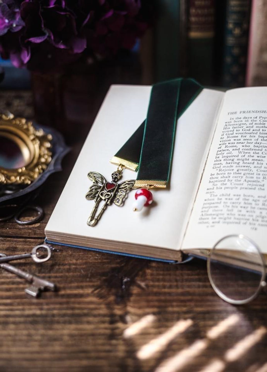 Whimsigoth Bookmark, Dark Green Velvet Ribbon Bookmark, Book Accessory ...