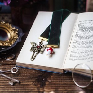 Whimsigoth Bookmark: Dark Green Velvet Ribbon, Skeleton & Mushroom ...