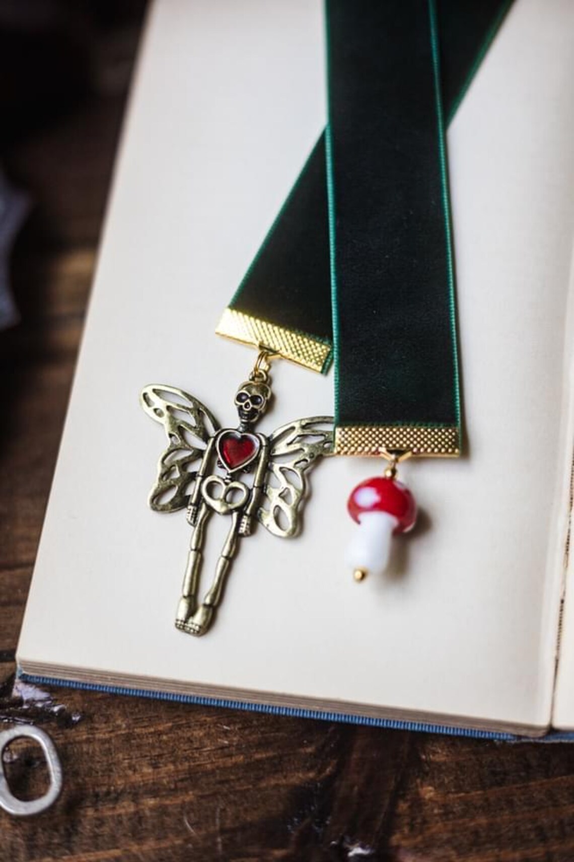 Whimsigoth Bookmark: Dark Green Velvet Ribbon, Skeleton & Mushroom ...