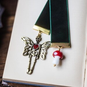 Whimsigoth Bookmark: Dark Green Velvet Ribbon, Skeleton & Mushroom ...