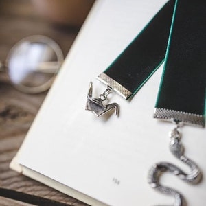 Manacled Dark Green Velvet Bookmark: Silver Snake and Origami Crane ...