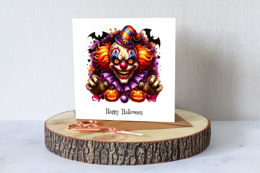 Clown Halloween Card. Freaky, Scary, Sinister Clown With Pumpkins and ...