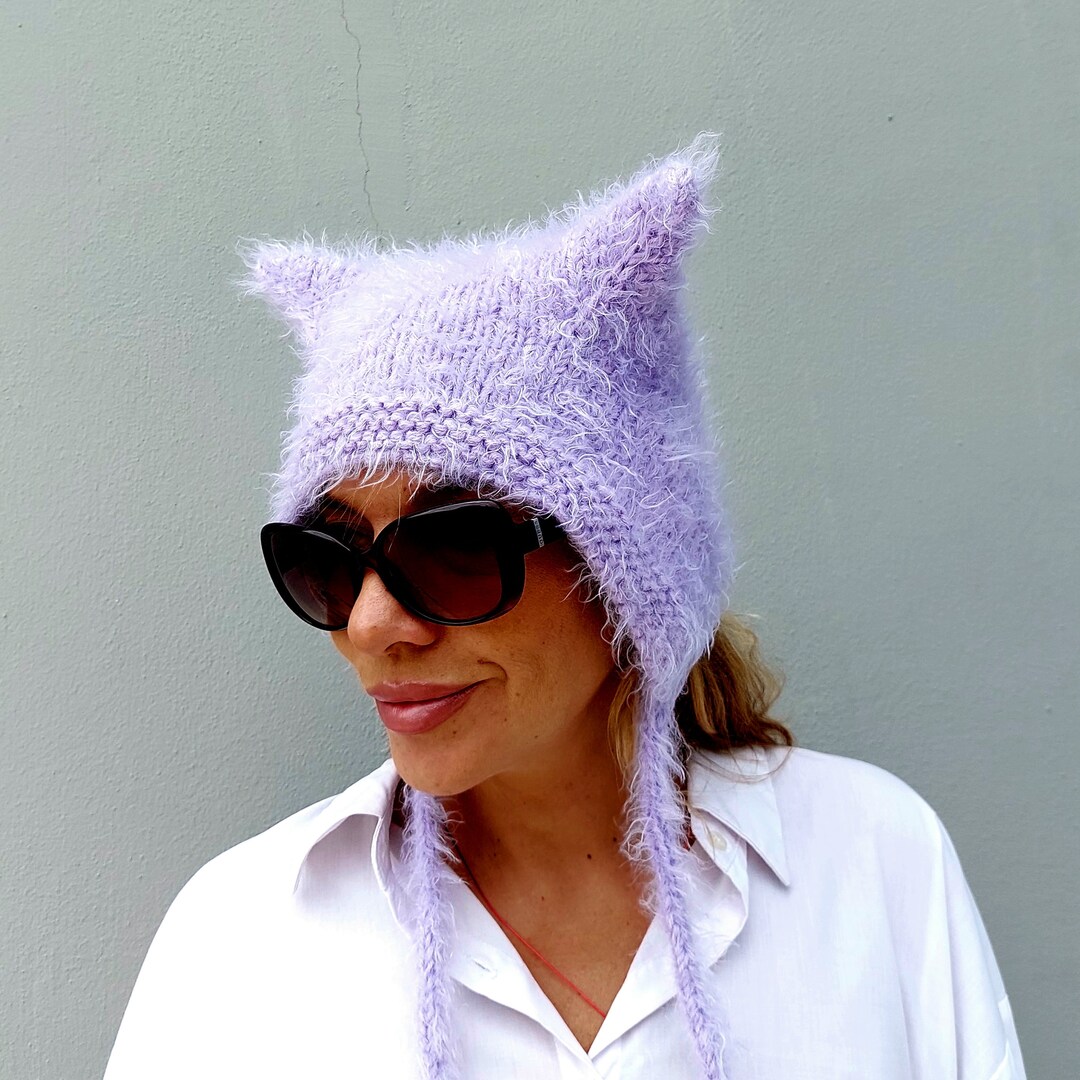 Knit Adult Bonnet With Ears for Women Lavender Cat Hat - Etsy