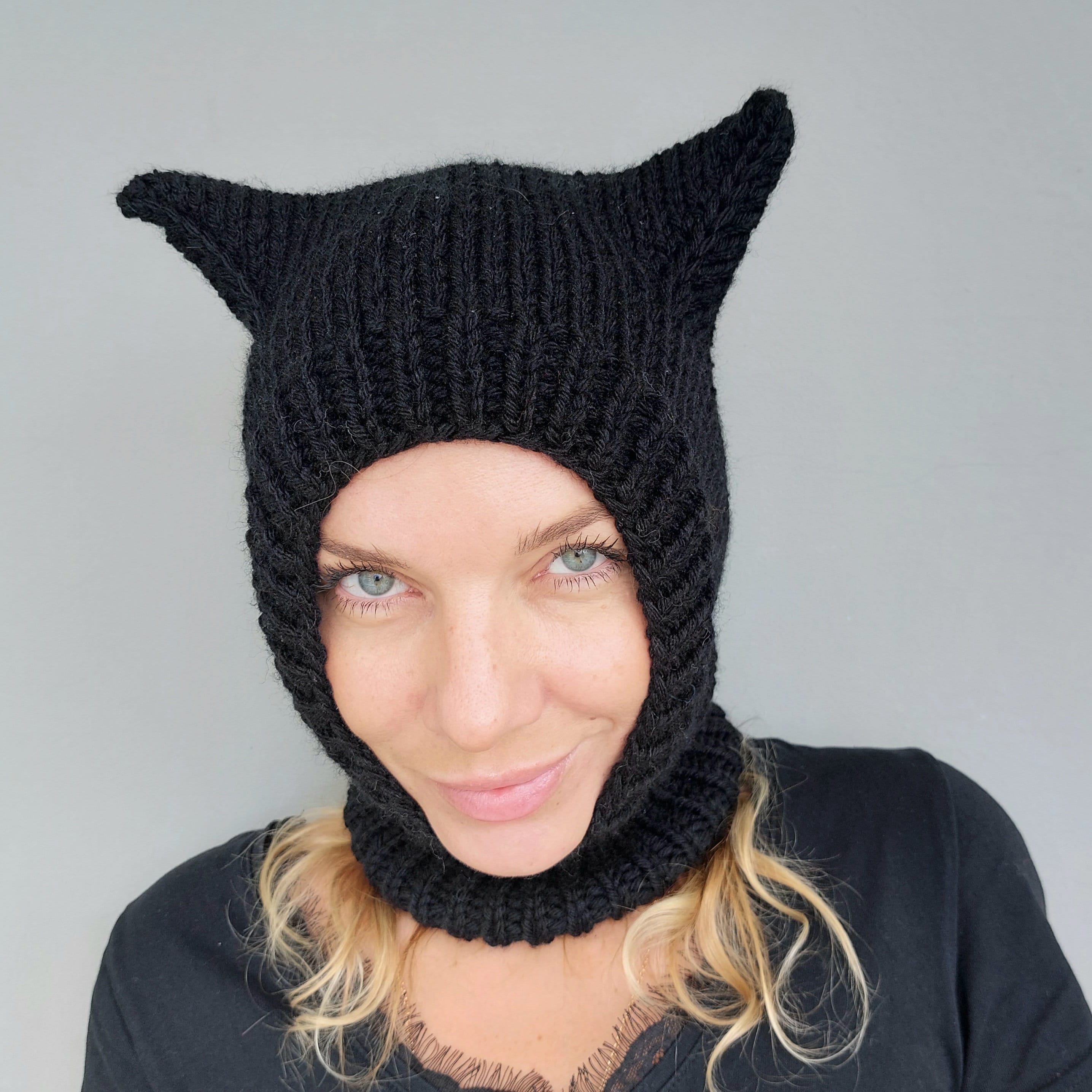 Balaclava With Ears Knit Black Wool Balaclava Hat by Budanovadisign - Etsy