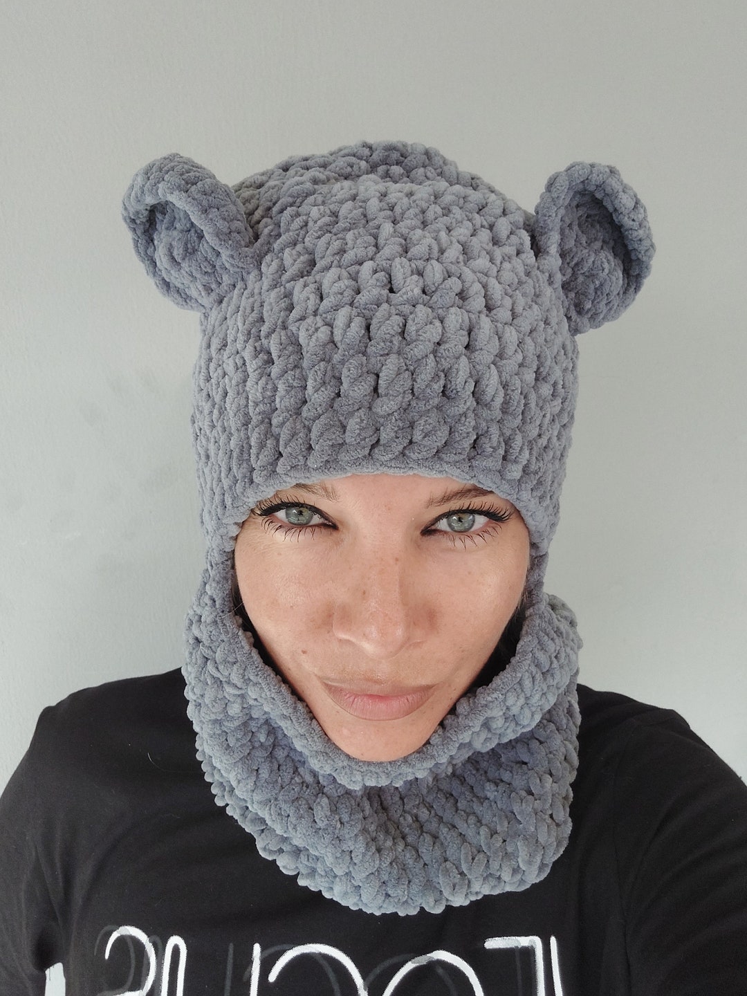 Balaclava Bear Ears Hat Face Mask Handknit Crochet Gray Velvet Teddy ...