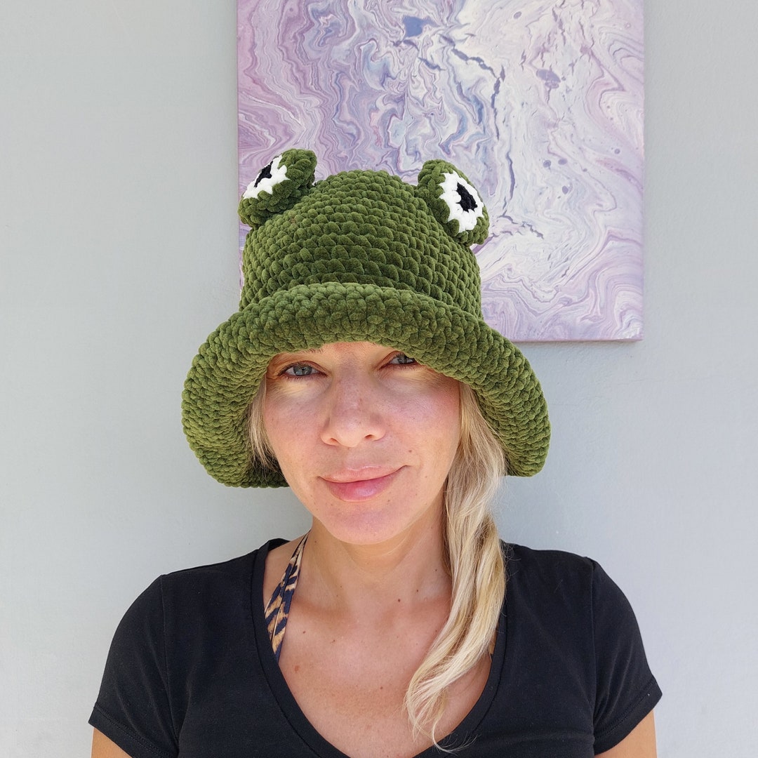Frog Hat Crochet Bucket Hat Green Frog Velvet Bucket Hat Hand Knit - Etsy