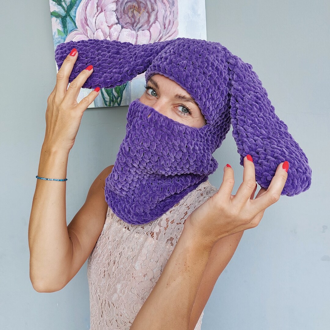 Balaclava Bunny Ears Hat Balaclava Face Mask Handknit Crochet Purple ...