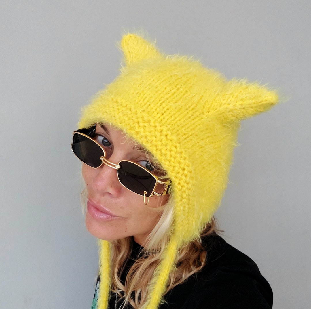 Knit Adult Bonnet With Ears for Women Yellow Cat Hat - Etsy