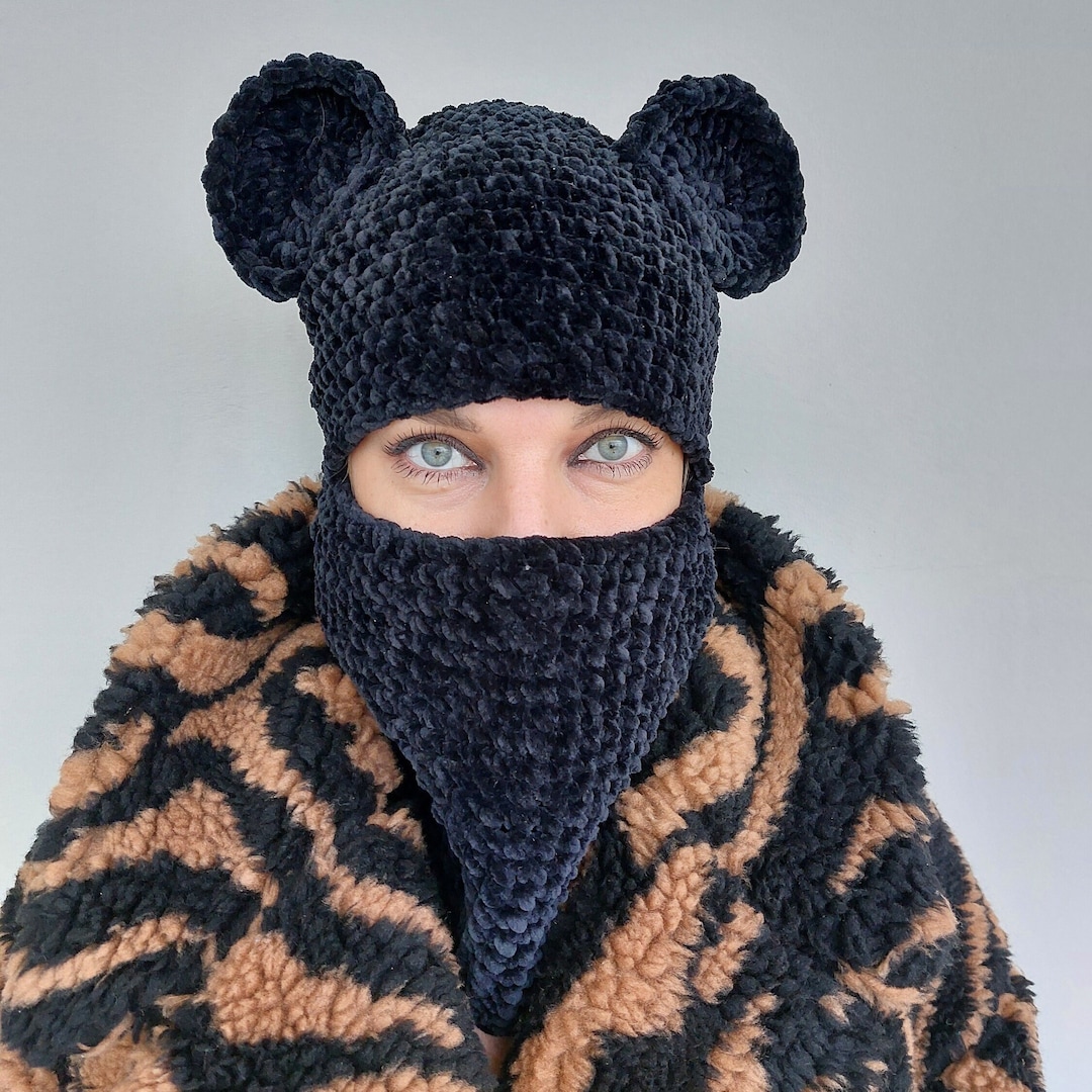 Mouse Ski Mask Hat Crochet Black Velvet Balaclava Mickey Face Mask ...