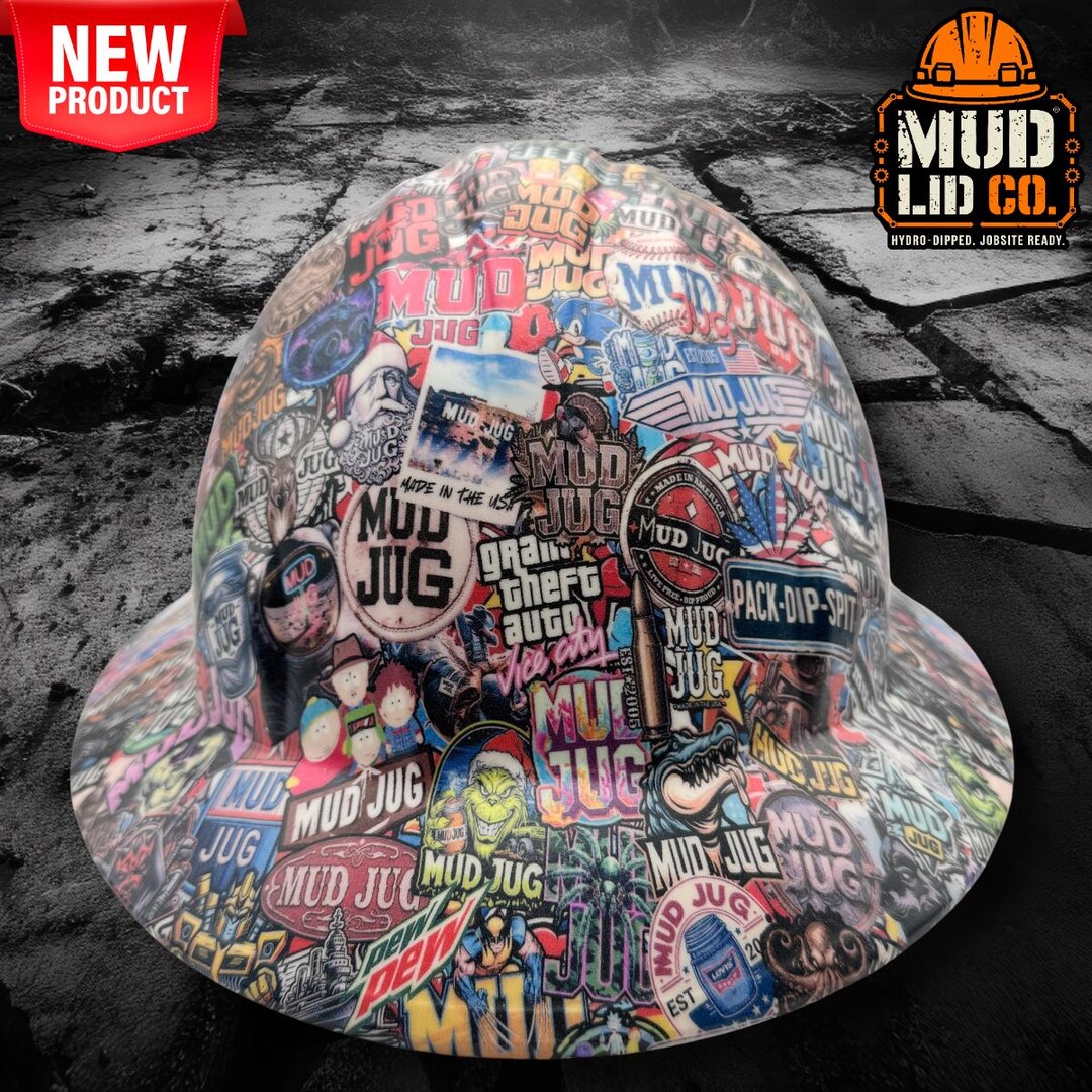 Full Brim Hard Hat Custom Hydro Mud Jug Legacy Sticker Bomb, OSHA ...