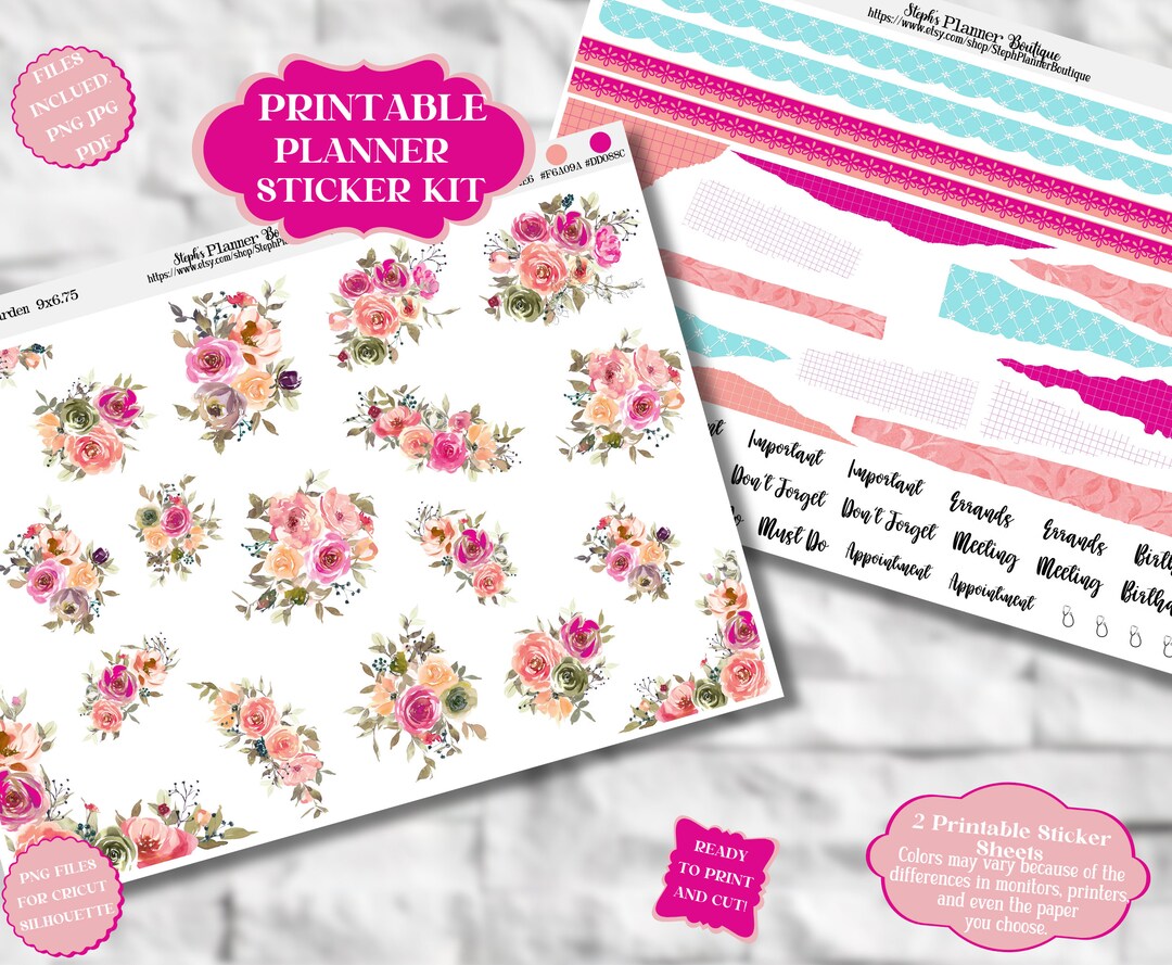 Watercolor Floral Planner Sticker Kit: Spring Garden, Washi (printable ...