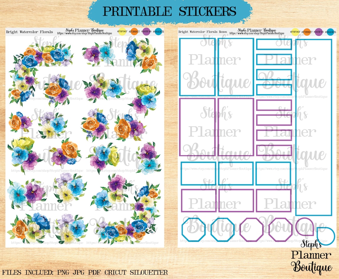 Bright Watercolor Florals, Printable and Digital Floral Stickers ...