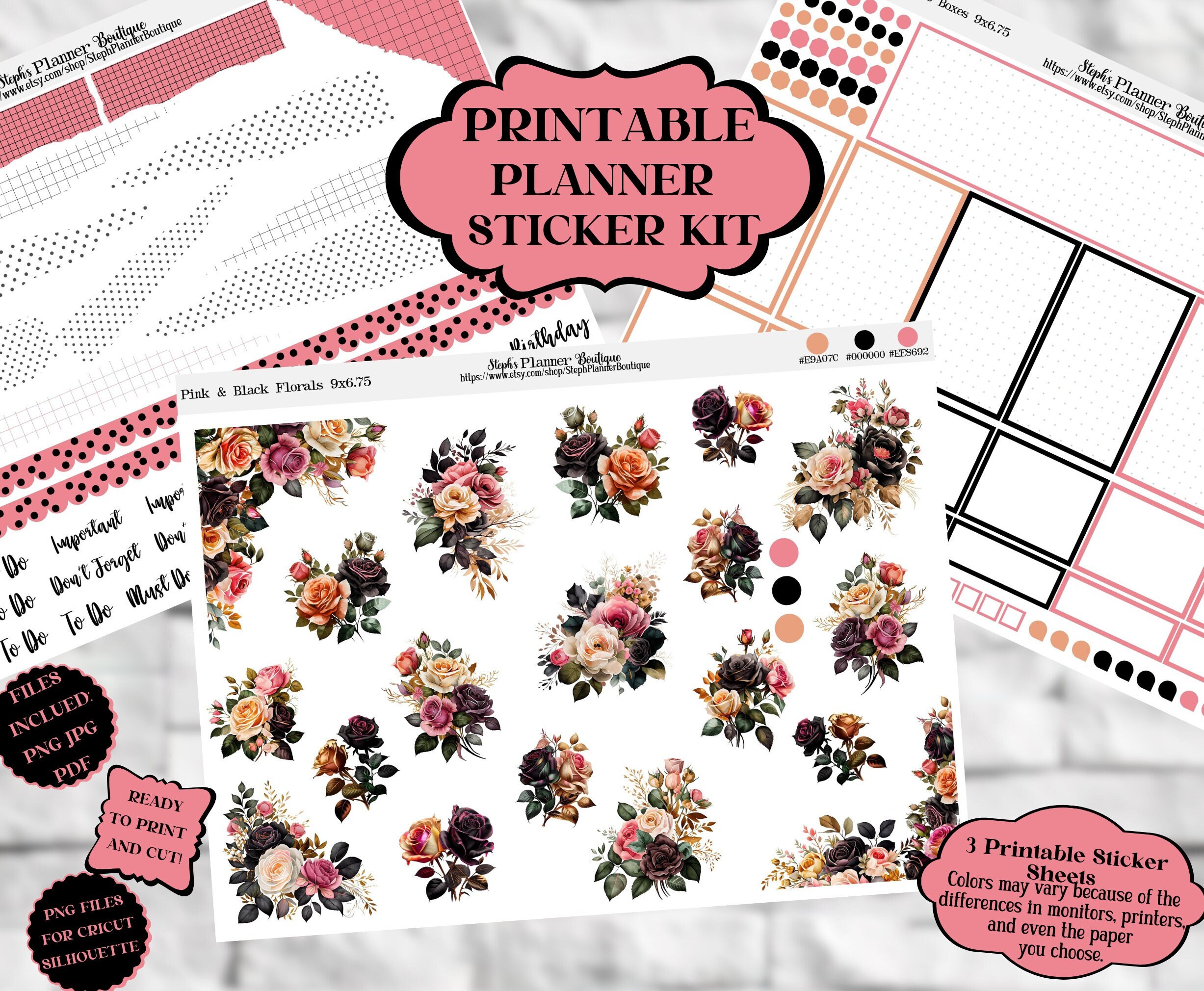 Pink and Black Florals, Fall Printable Planner Sticker Kit, Autumn ...