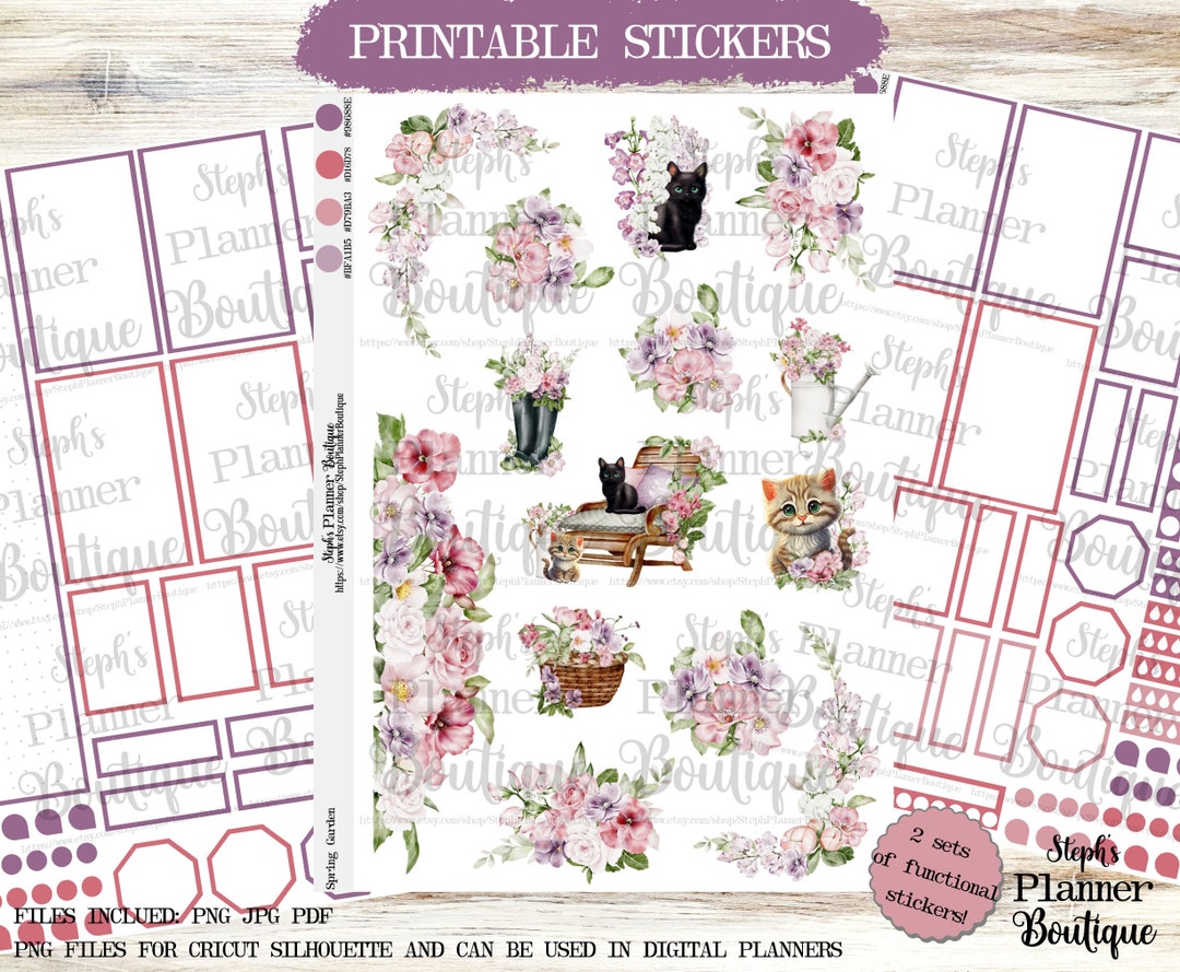 Spring Garden, Watercolor Printable Planner Stickers, Cats, Planner ...