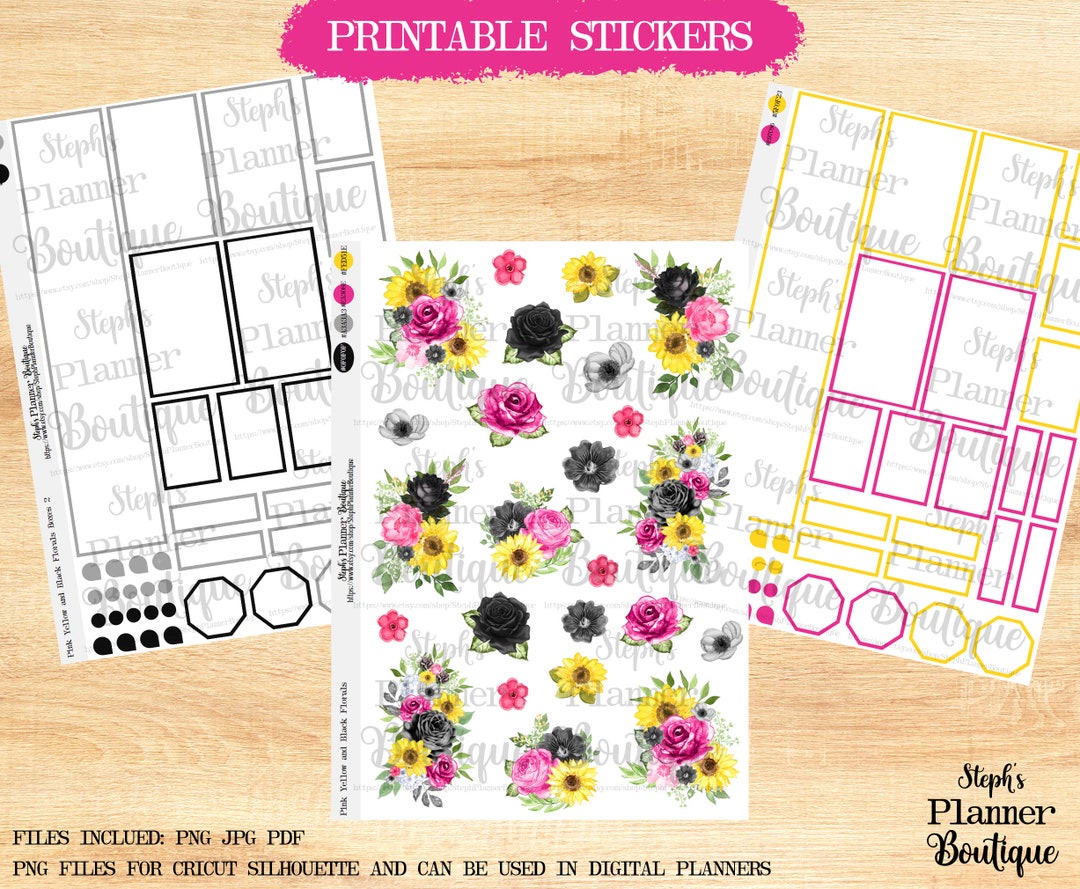 Pink Yellow and Black Florals Printable Planner Sticker Kit, Floral ...