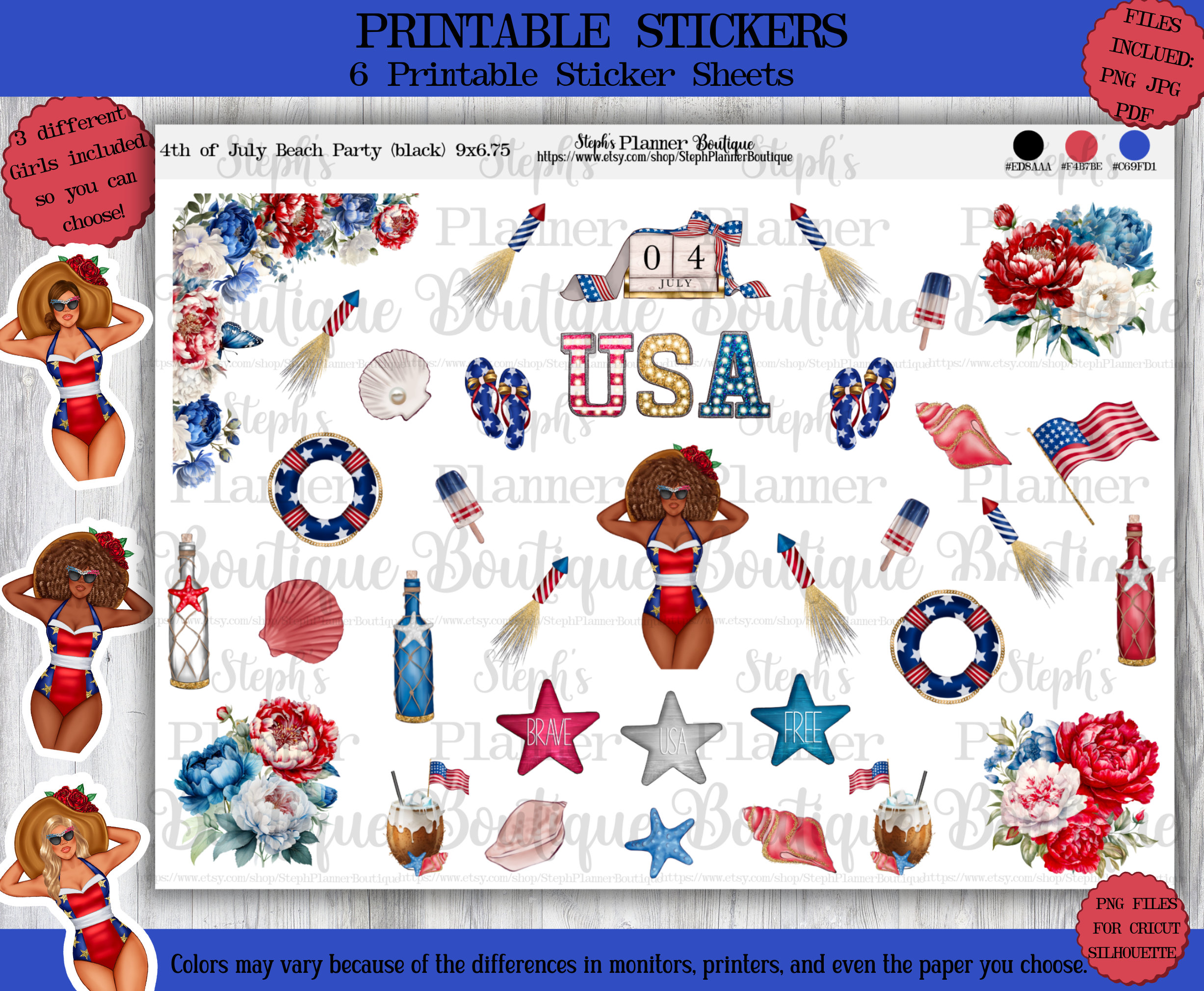 4th of July Beach Party Printable Planner Sticker Kit, Patriotic Floral ...