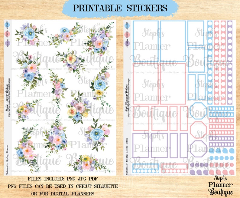 Watercolor Spring Blooms Printable Planner Sticker Kit, Floral Journal ...