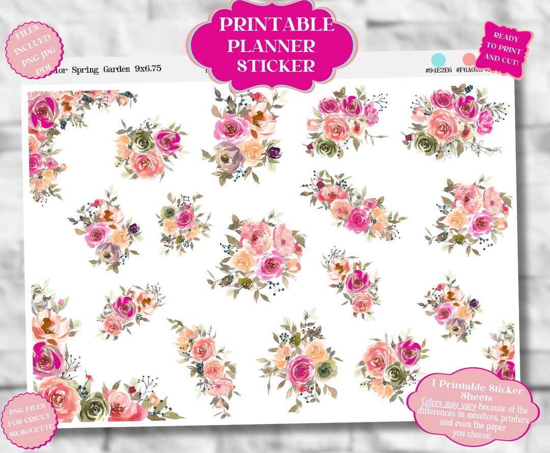 Printable Watercolor Spring Garden Planner Stickers, Pink Floral Deco ...
