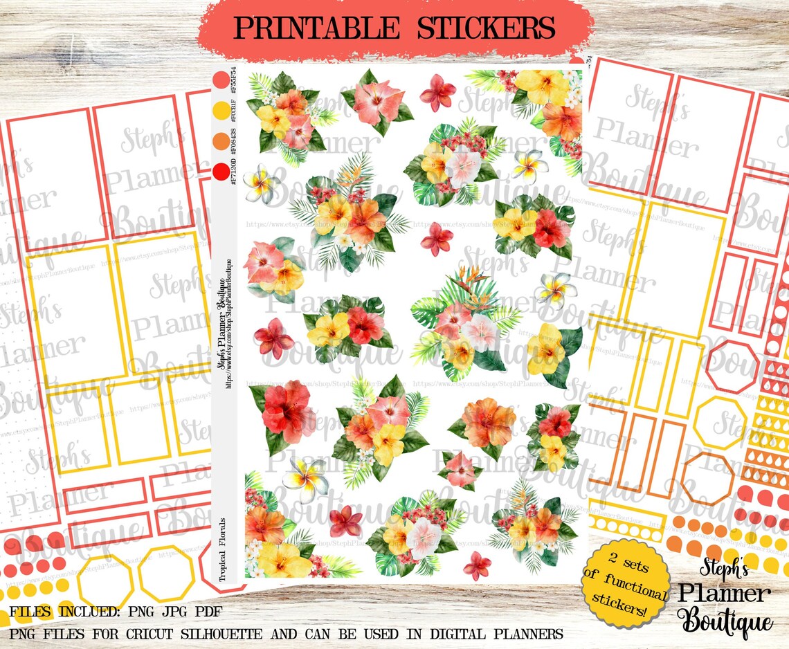 Tropical Floral Printable Planner Stickers Kit, Hibiscus Printable ...