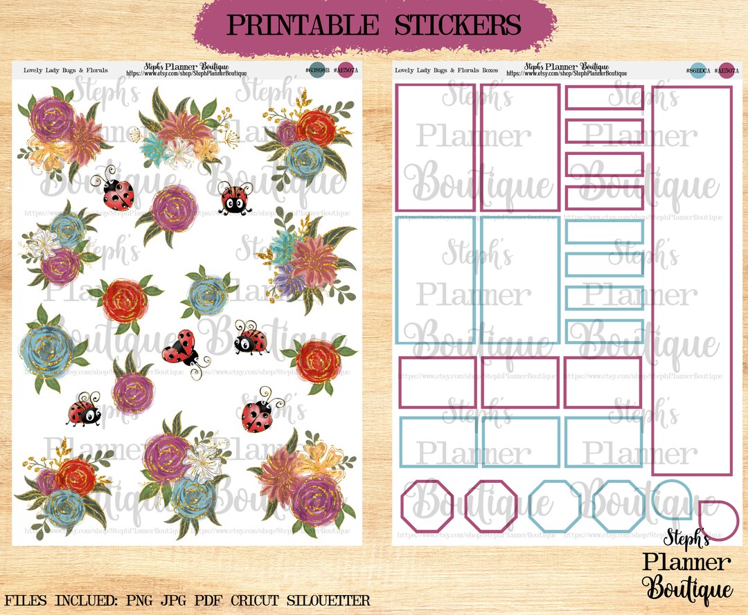 Lovely Lady Bugs & Florals Printable and Digital Stickers, Flower ...