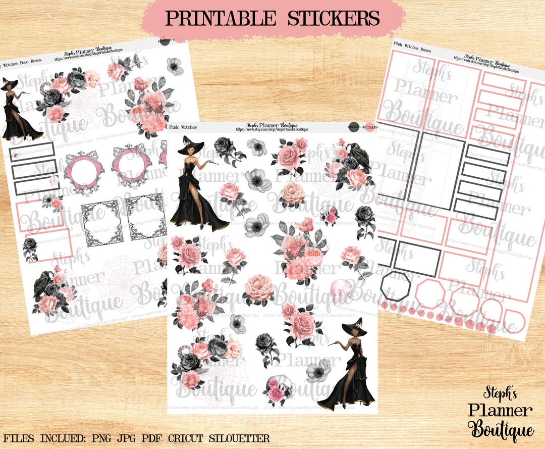 Beautiful Pink Witches, Halloween Printable Planner Stickers, Digital Planner Stickers, Floral ...