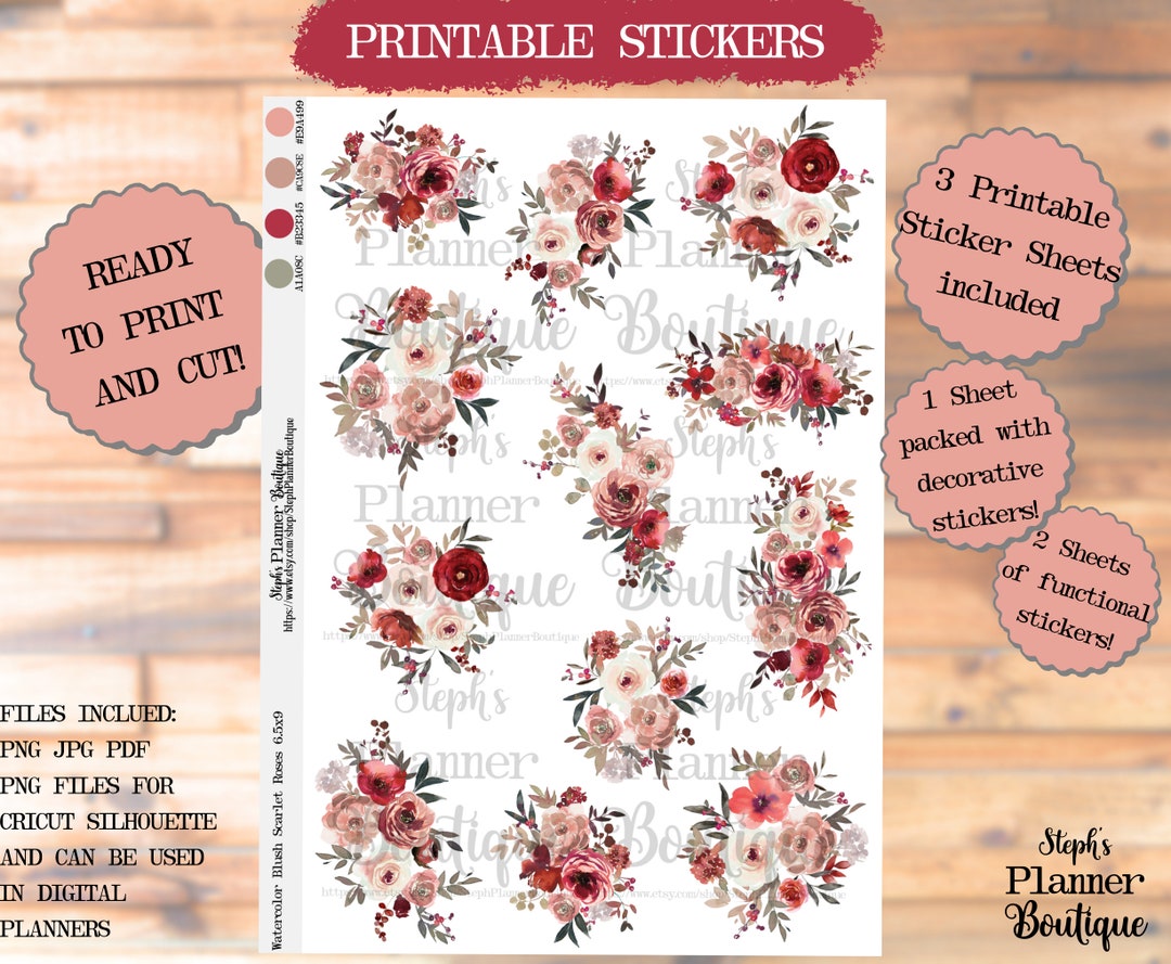 Watercolor Blush Scarlet Roses, Watercolor Floral Printable Planner ...