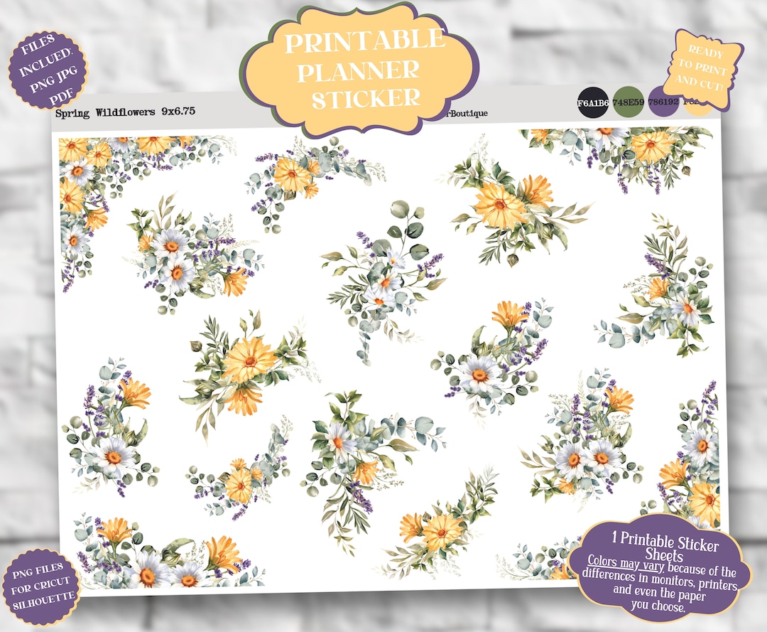 Printable Spring Wildflowers Planner Stickers, Floral Deco Stickers ...