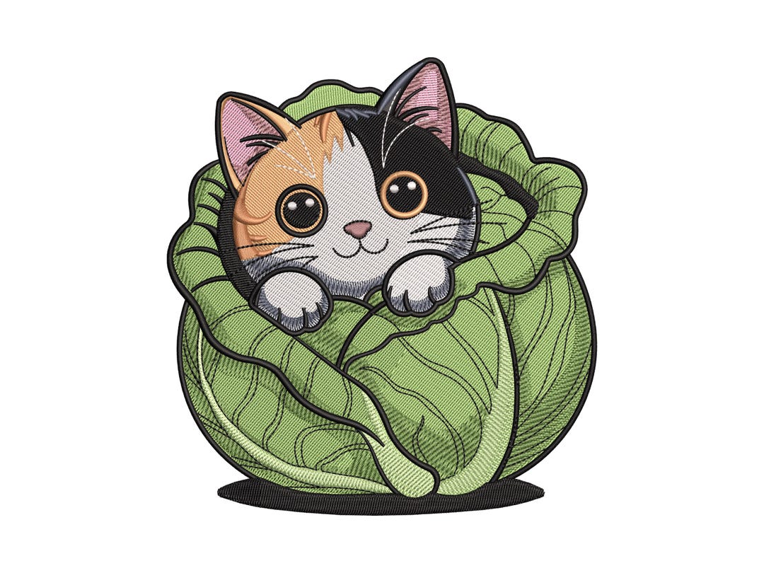 Kawaii Cabbage Cat Embroidery Design, Funny Calico Kitty Machine ...
