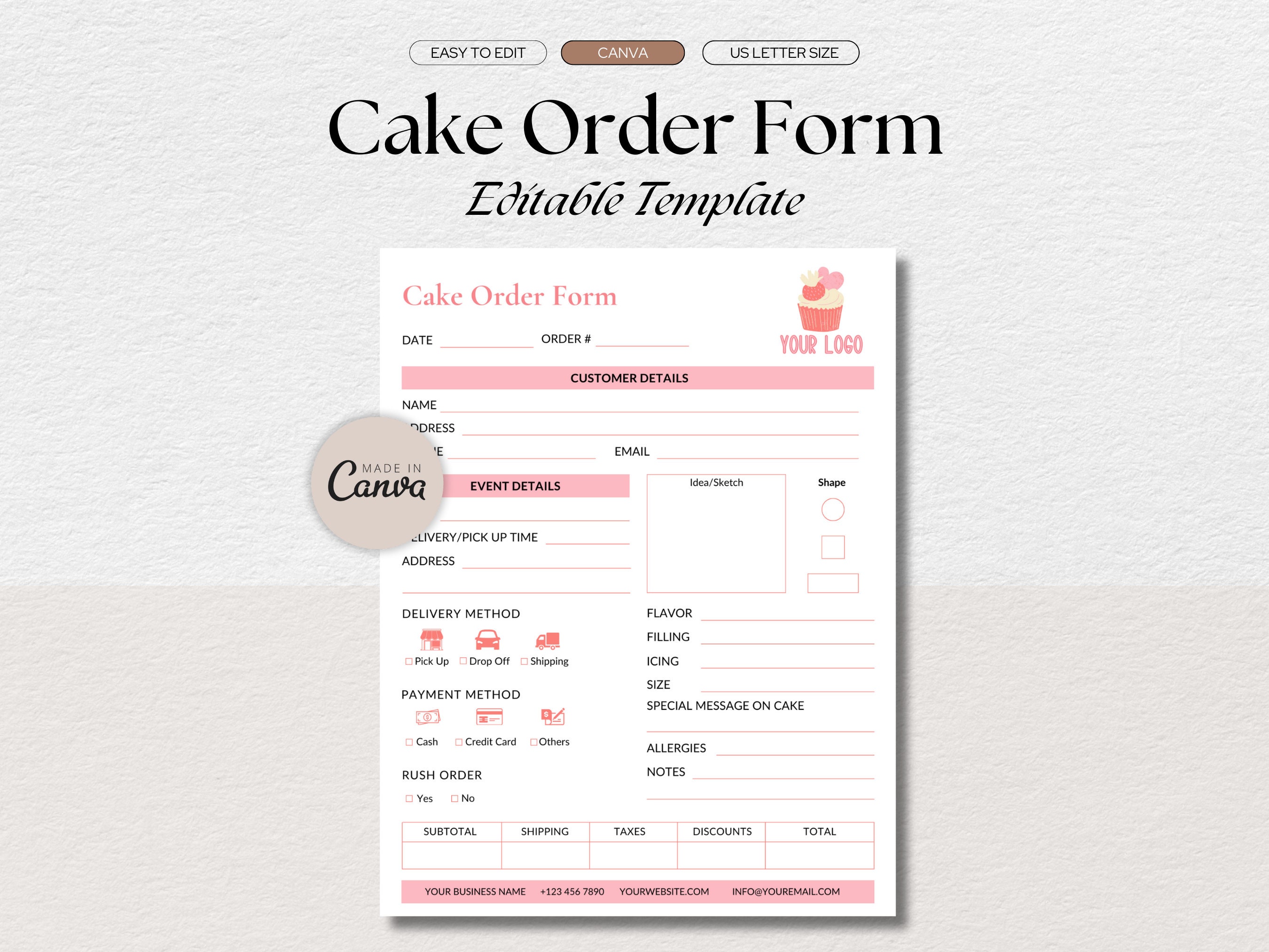 Cake Order Form Editable and Printable Small Business Order Form ...