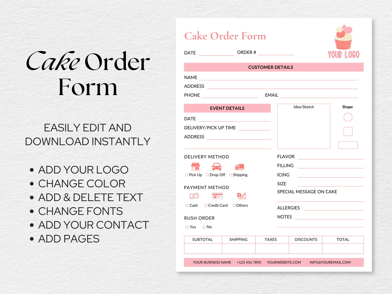 Cake Order Form Editable and Printable Small Business Order Form ...