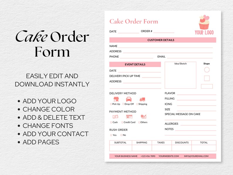 Cake Order Form Editable and Printable Small Business Order Form ...