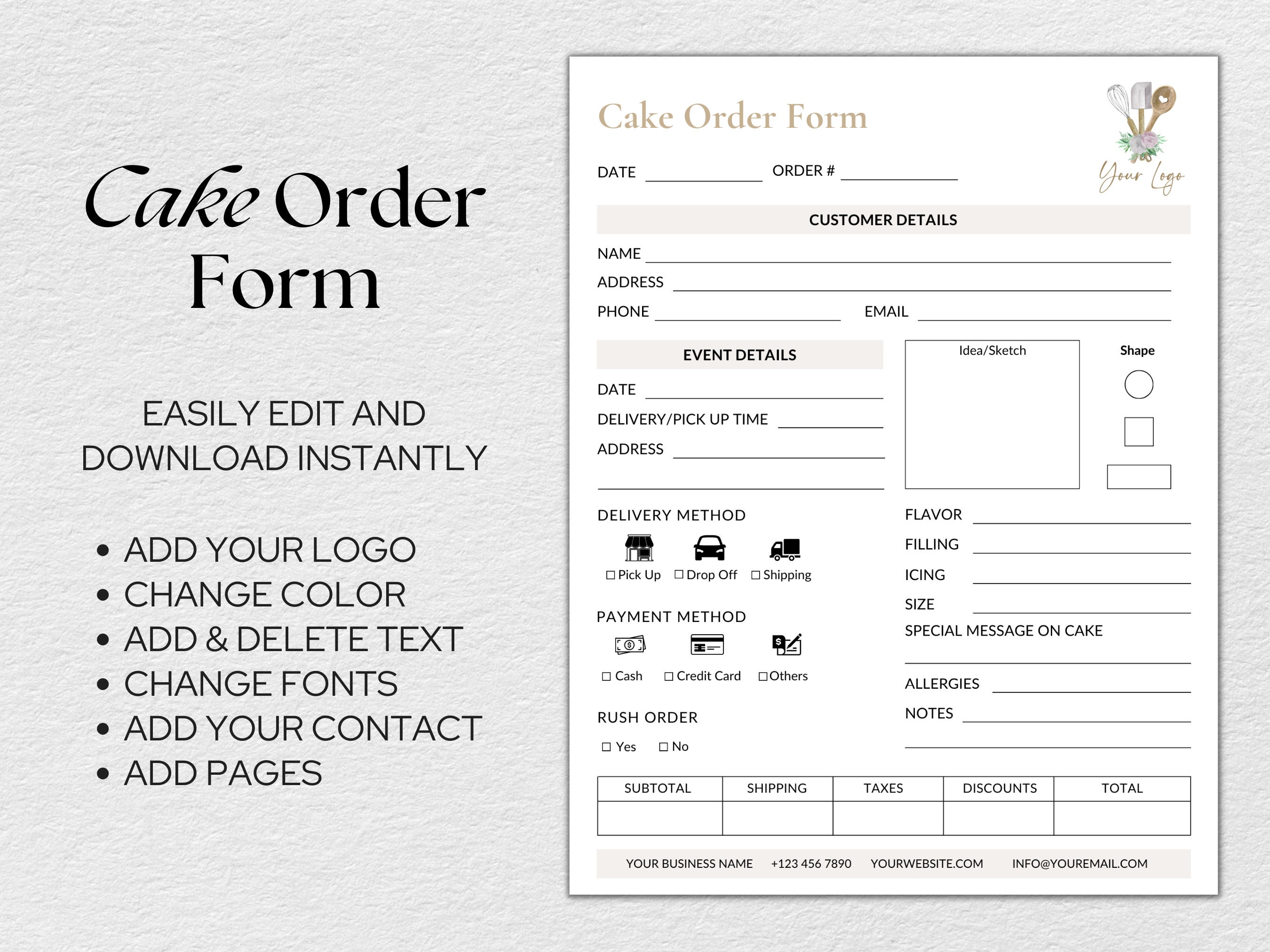 Editable Cake Order Form Template Printable Bakery Order Worksheet ...