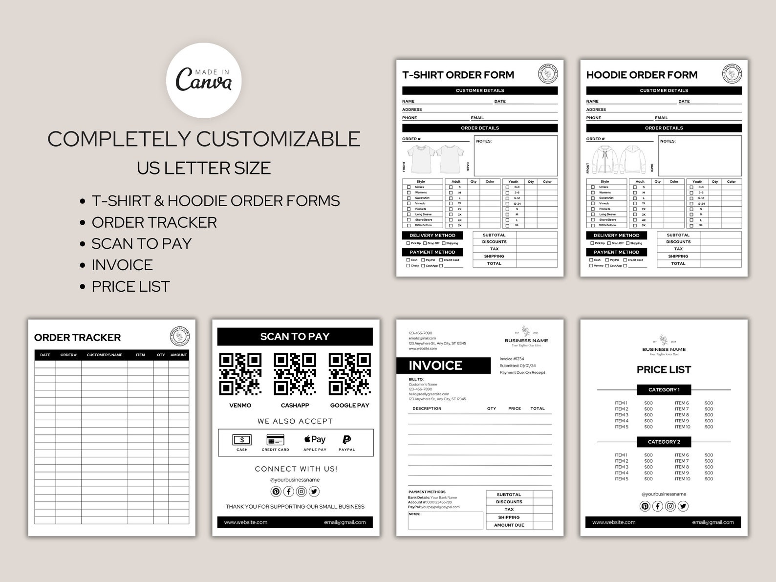 Editable Clothing Business Bundle, T-shirt Hoodie Order Forms, Price ...