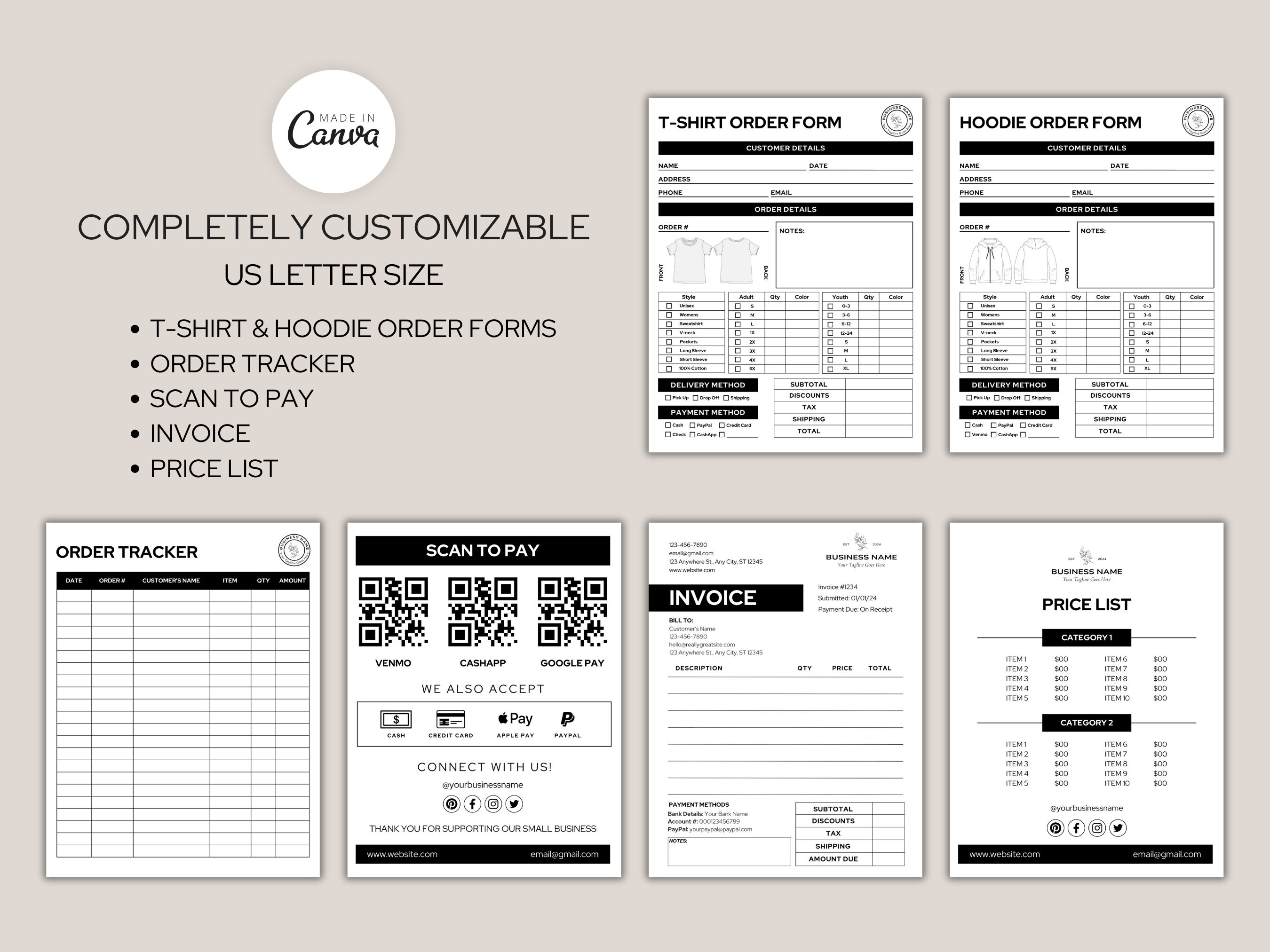 Editable Clothing Business Bundle, T-shirt Hoodie Order Forms, Price ...