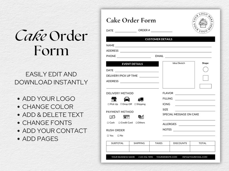 Editable Cake Order Form Printable Small Business Order Form Template ...