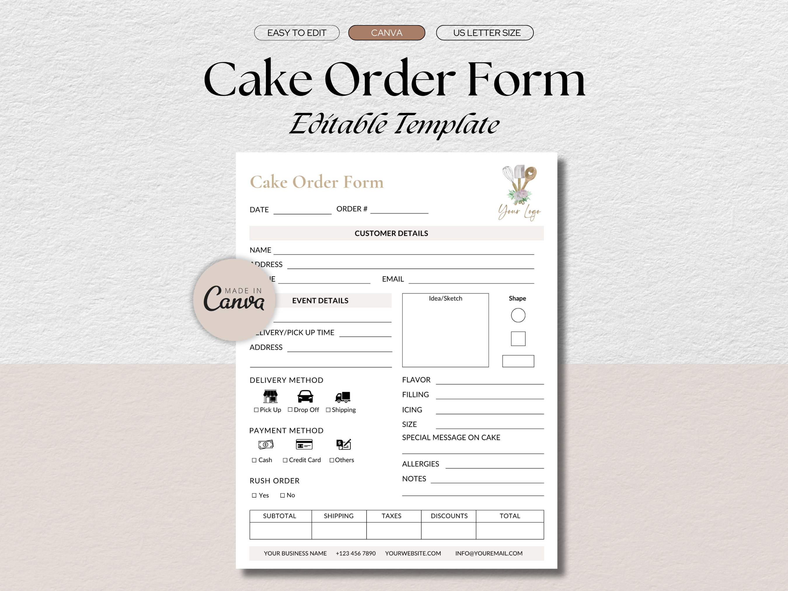 Editable Cake Order Form Template Printable Bakery Order Worksheet ...