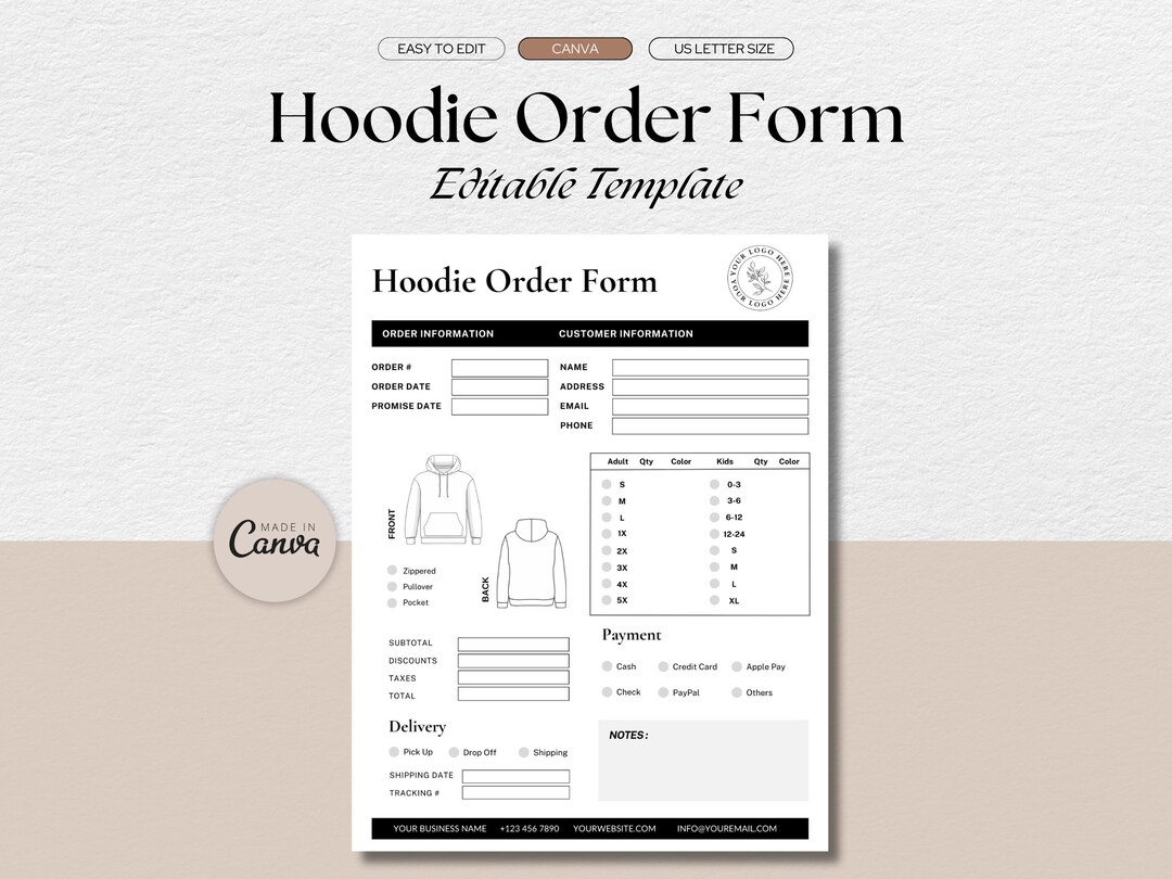 Editable Hoodie Order Form Business Canv Template Custom Tshirt Order ...
