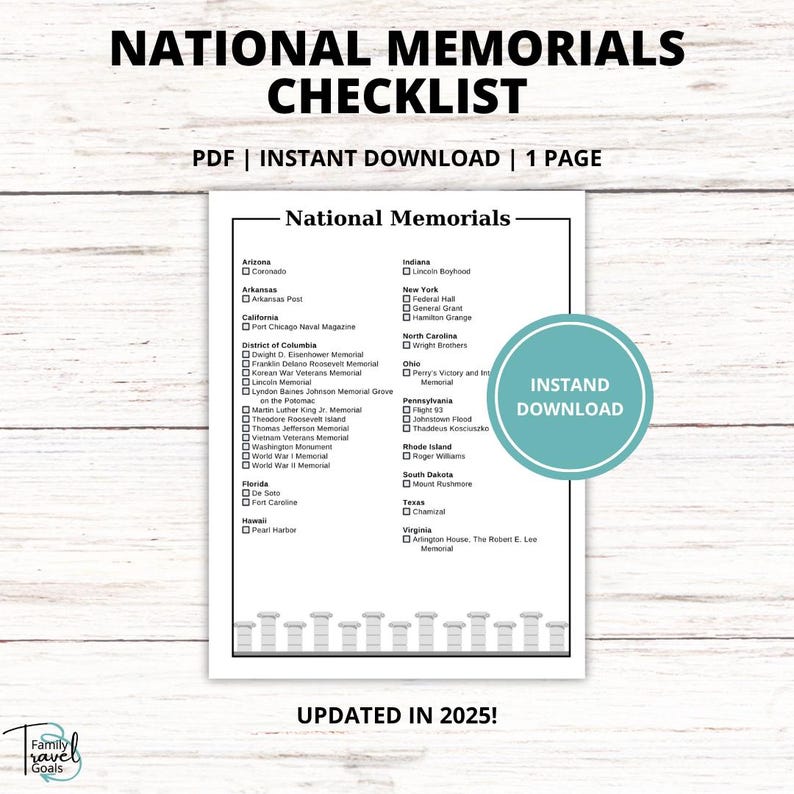 National Memorials Checklist Printable – Complete NPS Memorial List for ...